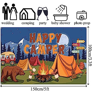 LLMSIX Camping Background, 5×3FT Happy Camper Banner Cartoon Forest Animal Campfire Background Camping Photo Backdrop Camping Themed Party Decoration Children Birthday Party Photo Props
