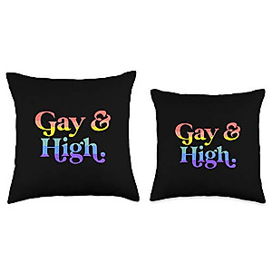 Gay And High Funny Lesbian LGBTQ Pride Flag Gifts Gay and High Funny Weed Marijuana Retro LGBTQ Pride Flag Throw Pillow, 16x16, Multicolor