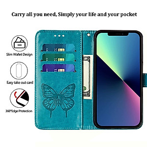 Compatible for iPhone 14 Wallet Case 2022,for iPhone 13 Wallet Case,[Kickstand][Wrist Strap][Card Holder Slots] Butterfly Floral Embossed PU Leather Flip Cover for iPhone 14/13 6.1 inch (Blue)