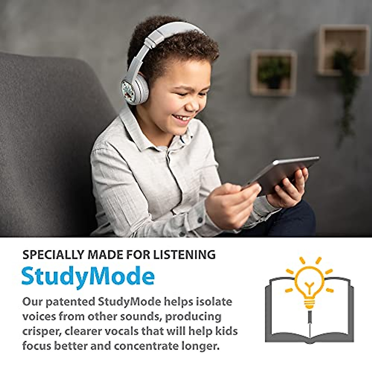 BuddyPhones Play+, Wireless Bluetooth Volume-Limiting Kids Headphones, 20-Hours Battery Life, 3 Volume Settings, Voice Enhancing StudyMode, Answer/Playback Button, BuddyLink Cable, Grey Matter