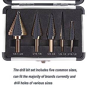 Zhushan 5pcs Step Drill Bit Set,High Speed Step Drill Bit, HSS Cobalt Multiple Hole 50 Sizes Titanium Step Drill Bit with Aluminum Case