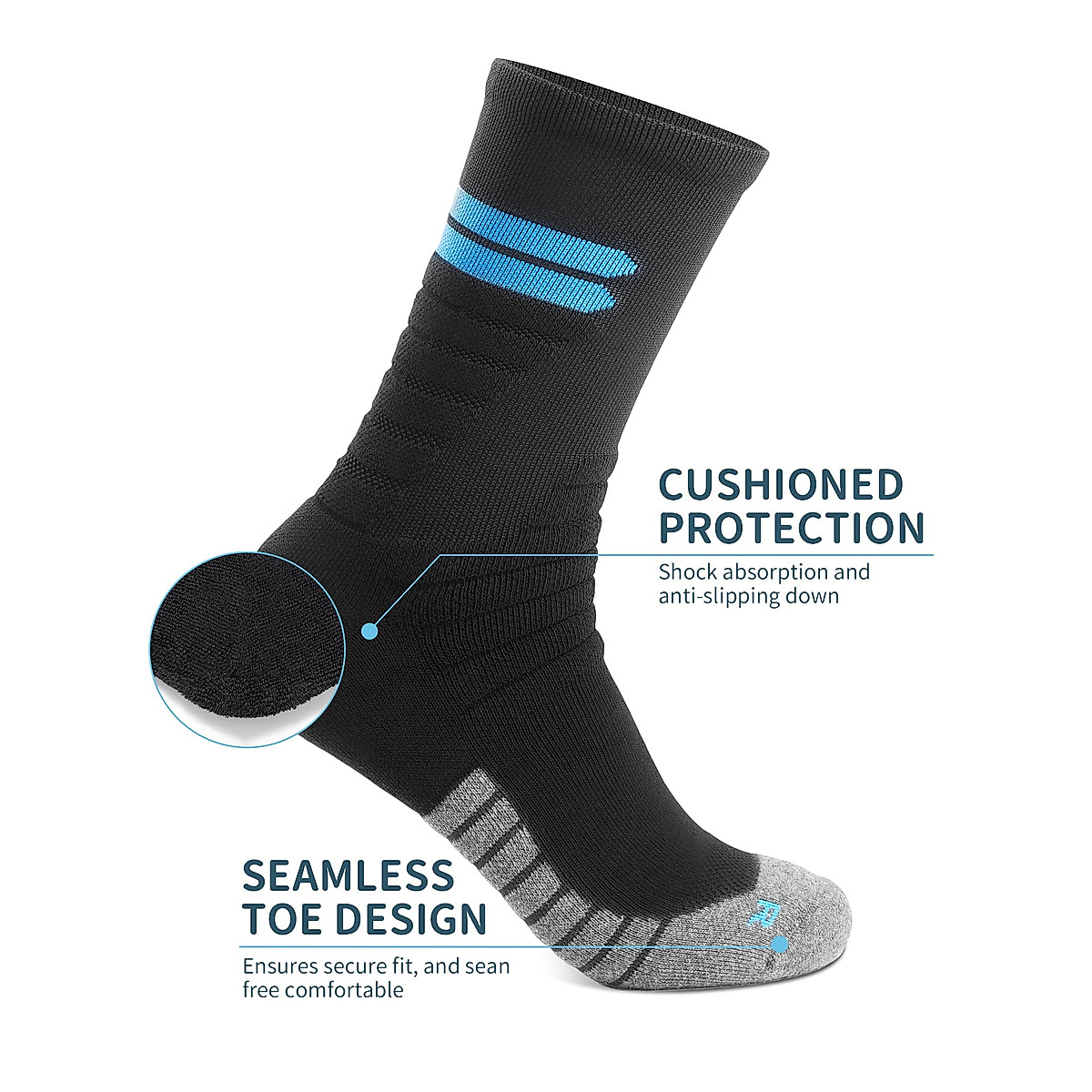 AKASO Crew Athletic Running Coolmax Socks, Anti-Odor Moisture Wicking Anti-Blister Seamless Socks for Hiking Men and Women (2 Pairs) (Black M)