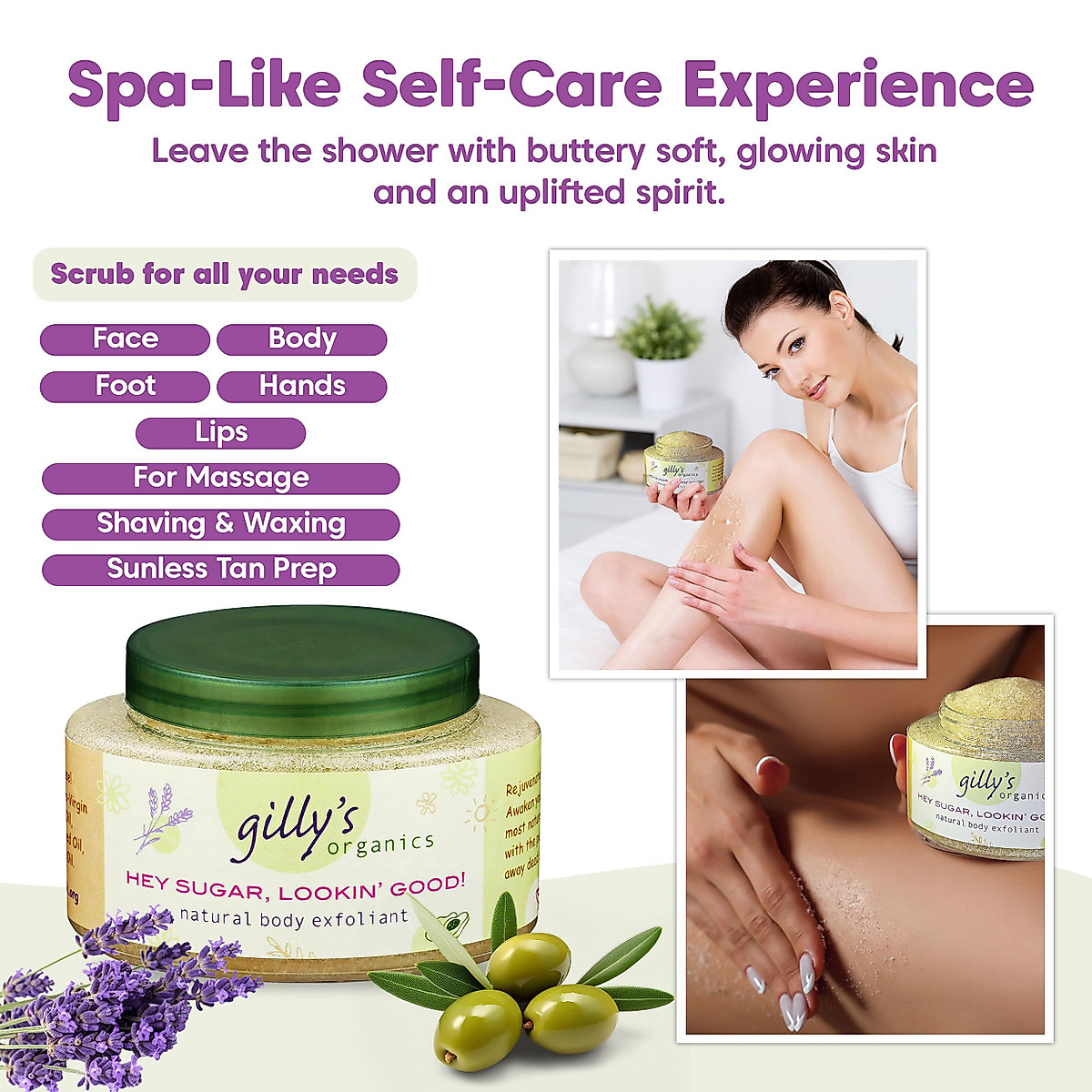Gilly's Organics Sugar Scrub – Natural Scrubs with Lavender, Coconut, Avocado, Sweet Almond Oil – Gentle Exfoliating and Deeply Hydrating Body Scrub for Women and Men – 8oz Organic Sugar Scrub