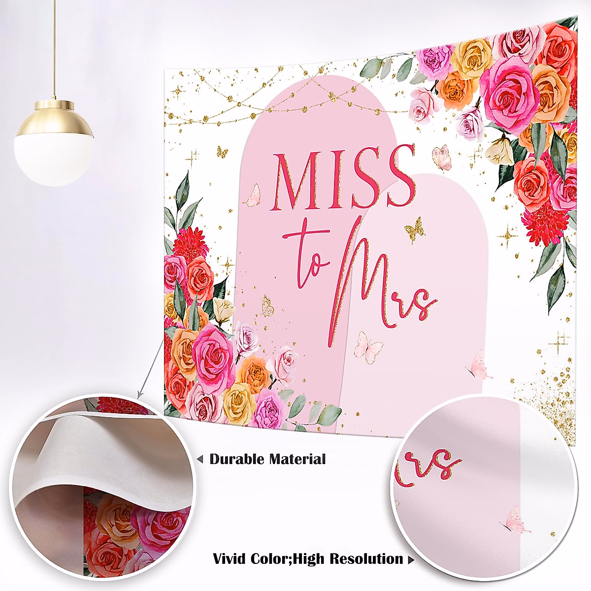 Mocsicka Miss to Mrs Backdrop Hot Pink Flowers Gold Glitter Bridal Shower Party Decorations Wedding Bride to Be Engagement Photography Background (7x5ft(82''x60''), Pink)