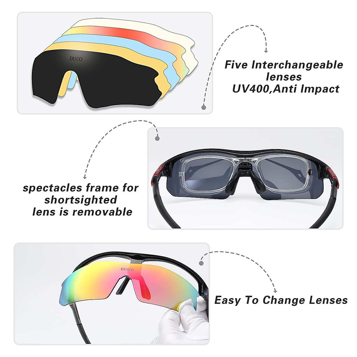 DUCO Polarized Sports Cycling Sunglasses for Men with 5 Interchangeable Lenses for Running Golf Fishing Hiking Baseball