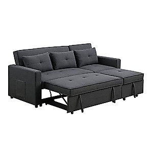 BOWERY HILL Dark Gray Linen Fabric 3-in-1 Convertible Sleeper Sofa with Side Pocket and 3 Pillows