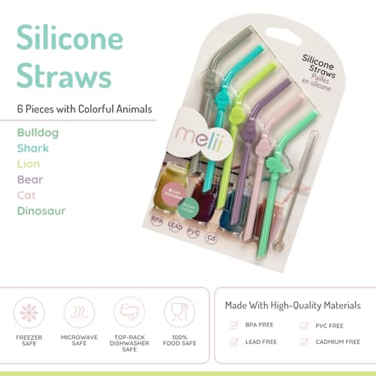 melii Reusable Silicone Animal Straws for Toddlers & Kids with Cleaning Brush – BPA Free, Dishwasher & Microwave Safe (6 Straws)