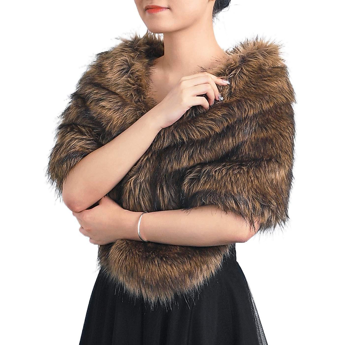 GORAIS Women's Wedding Faux Fur Shawls and Wraps Bridal Fur Scarf Stoles with Brooch for Bride and Bridesmaids (US 4-14(S-M), A Brown)