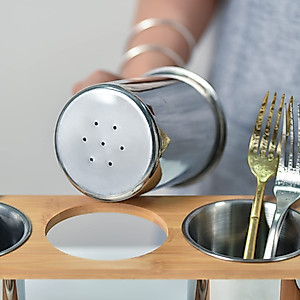 IMEEA Flatware Caddy Stainless Steel Silverware Caddy Kitchen Utensil Holder for Countertop Flatware Organizer Holder with Bamboo Base