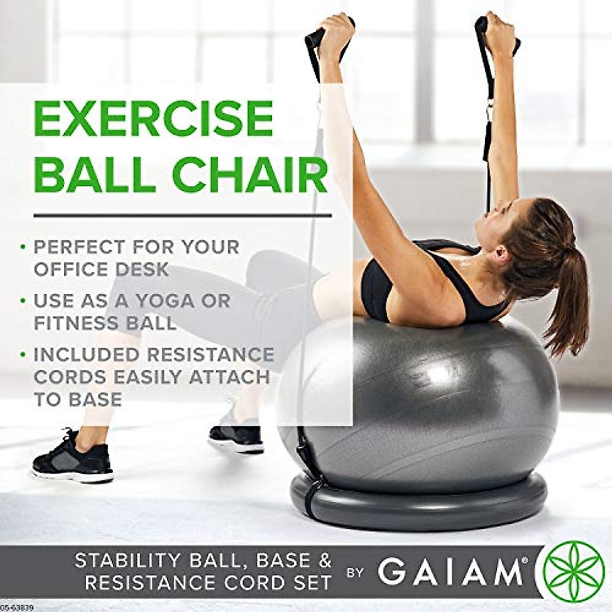 Gaiam Balance Ball, Base & Resistance Band Kit, 65cm Yoga Ball Chair, Exercise Ball with Inflatable Ring Base for Home or Office Desk, Includes Air Pump, Grey