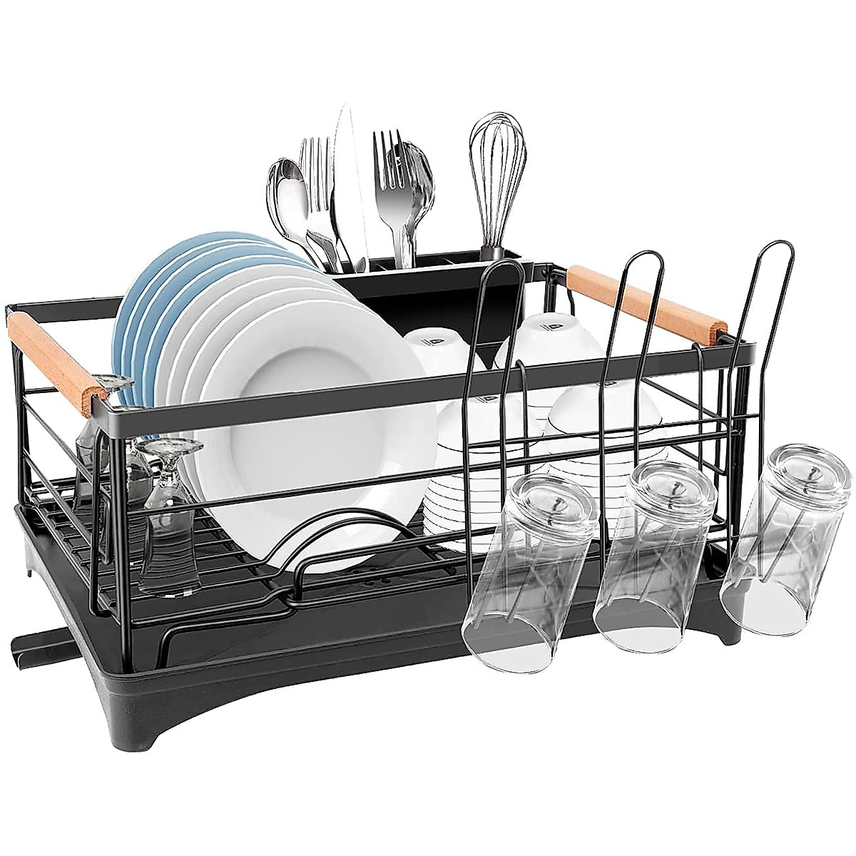 G-TING Dish Drying Rack, Dish Rack for Kitchen Counter, Rust-Proof Dish Drainer with Drying Board and Utensil Holder for Kitchen Counter Cabinet, 16.6” L× 12.6”W× 7.8”H, Black