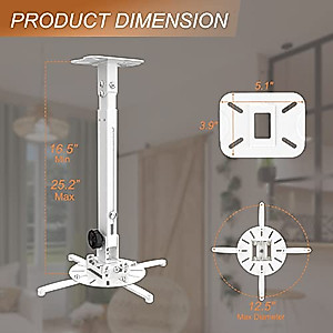 JOY worker Universal Projector Ceiling Mount Wall Bracket Holder Fits Flat or Sloped Ceiling Height Adjustable with Extendable Arms for Home and Office Projector, White
