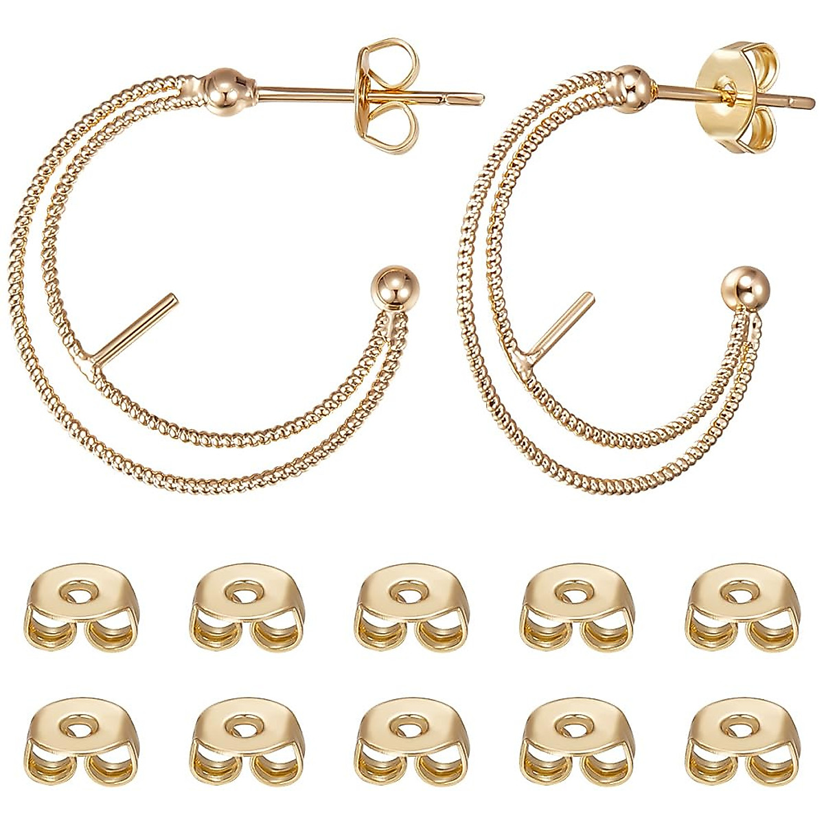 Beebeecraft 1 Box 10Pcs Half Hoop Earrings 18K Gold Plated Geometry Double Round Studs Earring Finding with 10Pcs Ear Nuts for Half Drilled Beads Earring Making Supplies Pin: 0.7mm