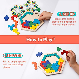 Coogam Wooden Hexagon Puzzle for Kid Adults - Shape Pattern Block Tangram Brain Teaser Toy Geometry Logic IQ Game STEM Montessori Educational Gift for All Ages Challenge