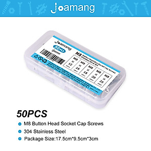 Joamang M8 x 12mm 16mm 18mm 20mm 25mm Button Head Socket Cap Screws Bolts, Stainless Steel 304, Metric Allen Hex Drive, Bright Finish, Fully Threaded, Assortment Kit 50PCS