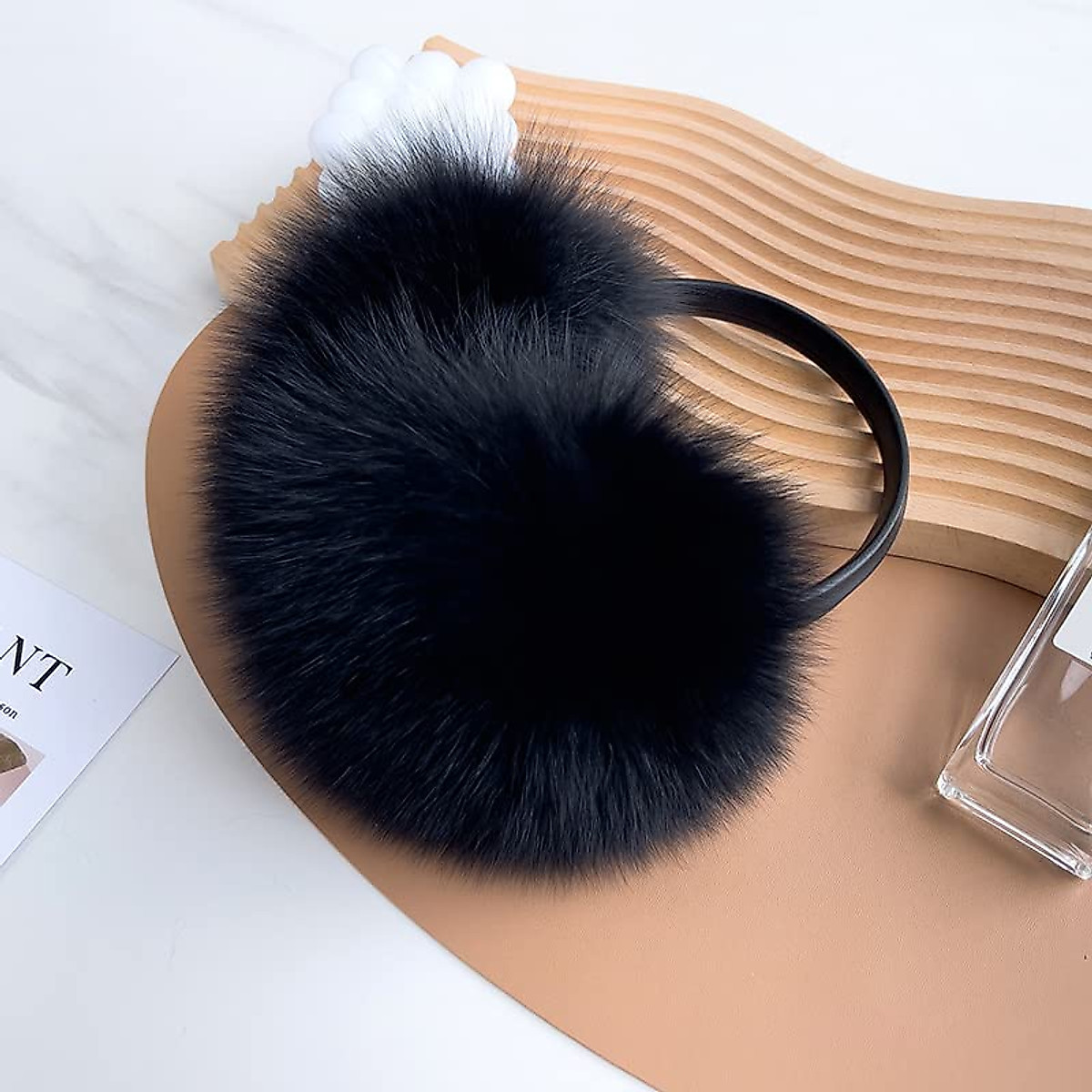 Bibury Real Fox Fur Earmuffs with Leather Band, Winter Ear Muffs, Cold Weather Head Warmer (Black)