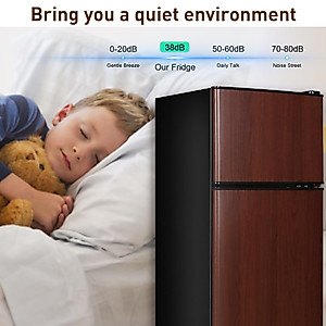 OOTDAY 3.4 Cu.Ft Compact Refrigerator, Small Fridge with Double Door, Apartment Size Refrigerator with 7 Level Adjustable Thermostat Control Perfect for Kitchen Dorm Apartment Office Wood