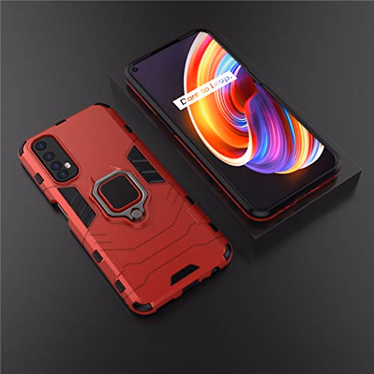 Compatible with Realme7 Case, Metal Ring Grip Kickstand Shockproof Hard Bumper (Works with Magnetic Car Mount) Dual Layer Rugged Cover for Oppo Realme 7 (Red)