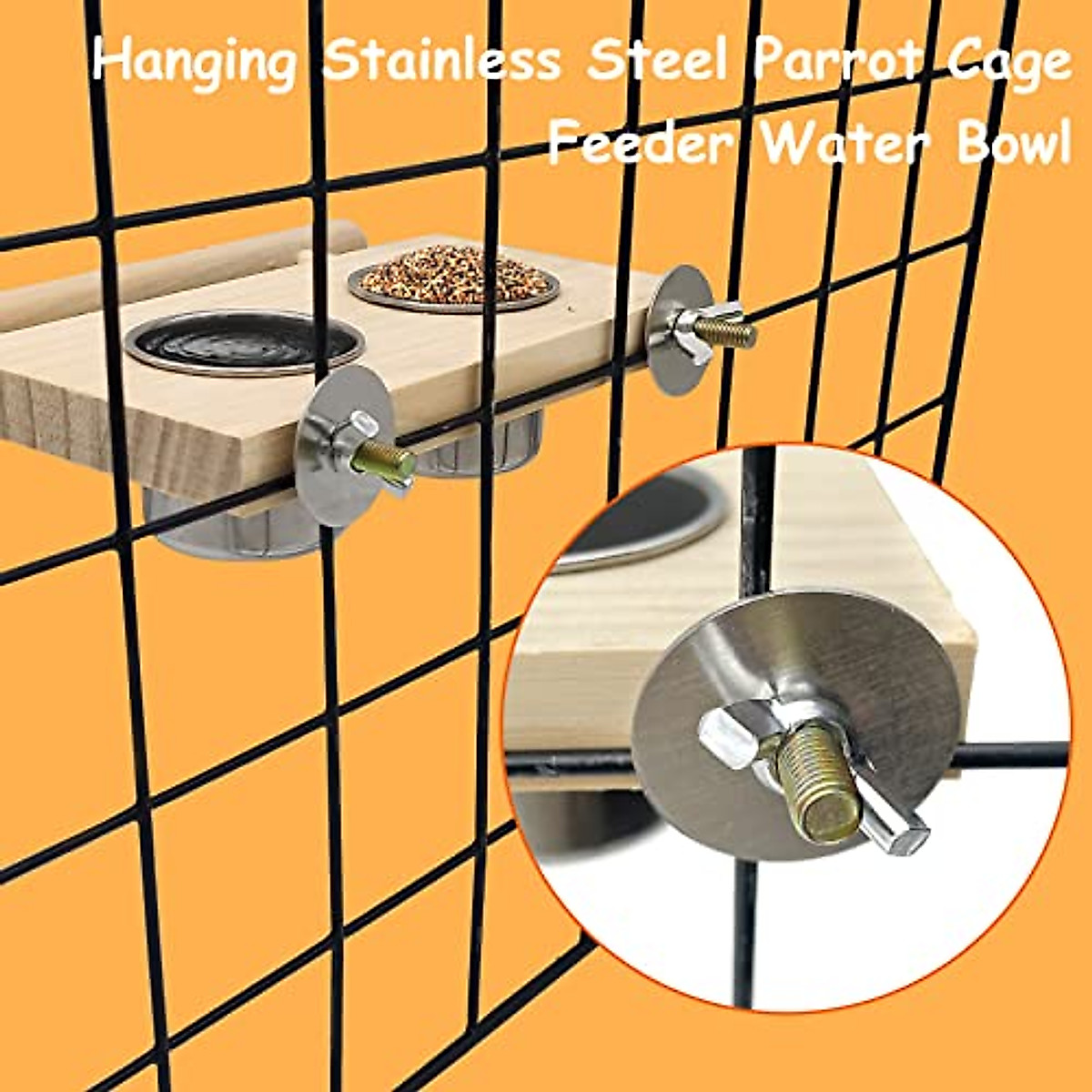 Tfwadmx Bird Food Stainless Steel Cups Wooden Perch Stand Hanging Feeder Bowls Feeding and Watering Supplies for Parakeets Conures Cockatiels Budgie Parrot