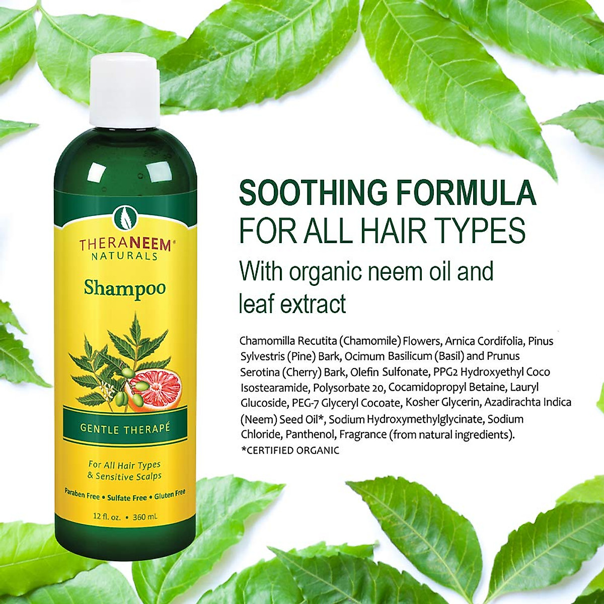 TheraNeem Gentle Therap Shampoo | Soothing Formula w/Organic Neem Oil | All Hair Types & Sensitive Scalp, Vegan | 12oz