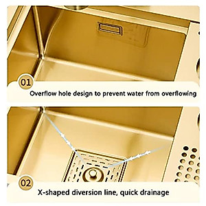 Stainless Steel Sinks, with Glass Rinsing Device, Kitchen Single Bowl Rectangular Sink, Gold Workstation Sink, for Flushmount, Undermount & Top Mounted Installation