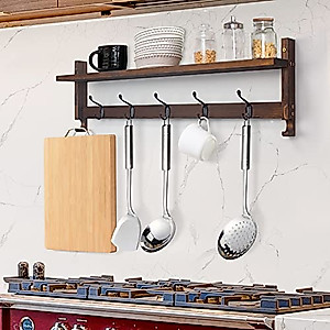 Kumebon Shelf with Hooks, 28.9 Inches Wall Shelf with Hooks, Coat Rack with Shelf with 5 Dual Hooks, Rustic Entryway Shelf with Hooks, Brown Coat Rack Wall Mount