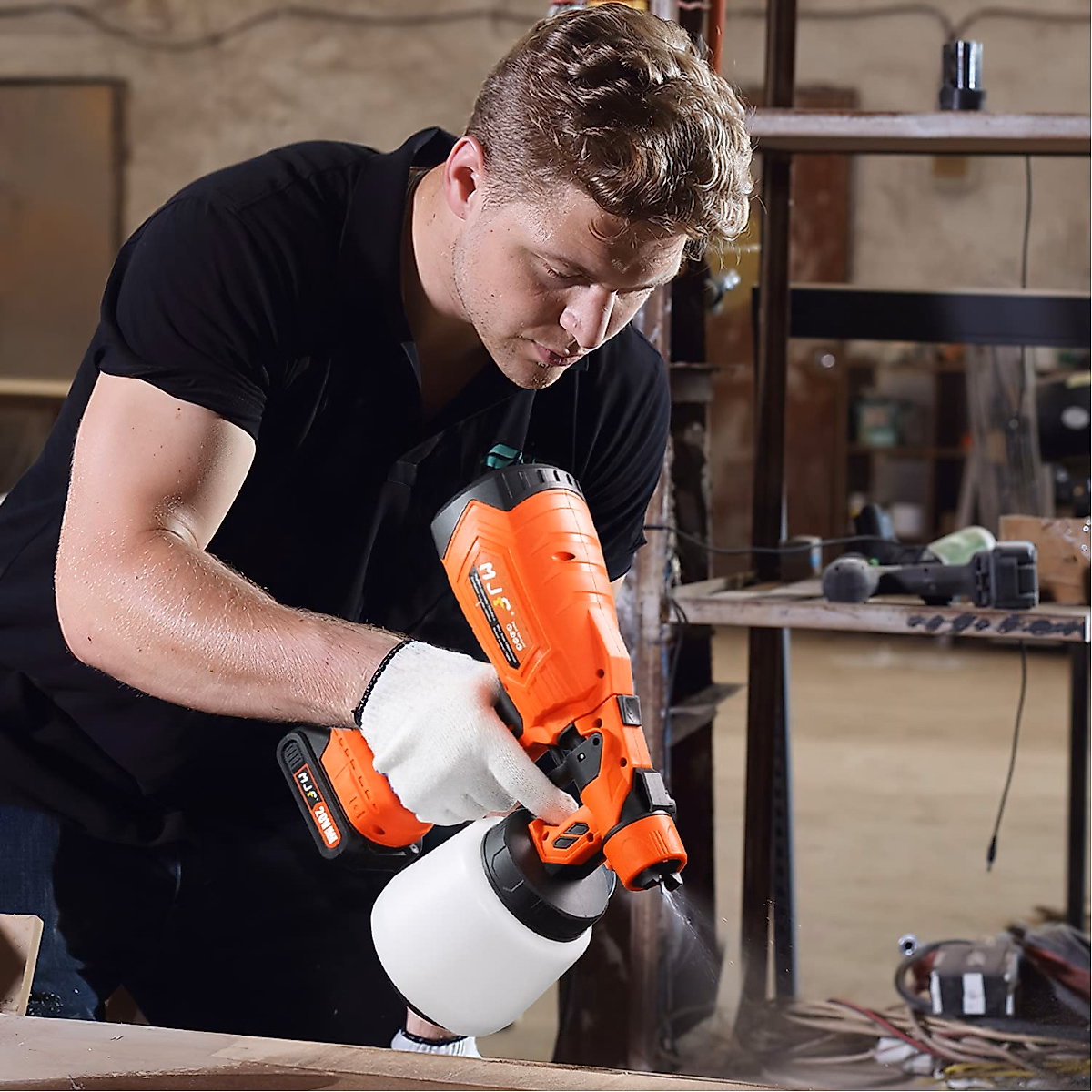 MJF Cordless Paint Sprayer, with 2 * 20V 2.0Ah Batteries, Includes 4 Copper Nozzles & 3 Patterns, 1000ml Container, HVLP Paint Sprayer for Home Interior and Exterior, Handheld Paint Spray Gun, Orange