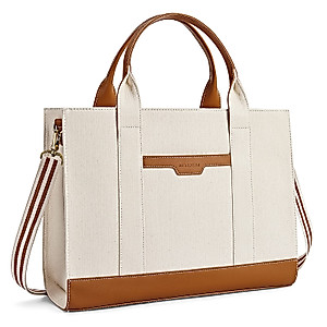 Missnine Tote Bag Canvas Laptop Bag 15.6 inch Briefcase for Women Large Capacity Handbag for Office, College, Travel (Brown+Beige)