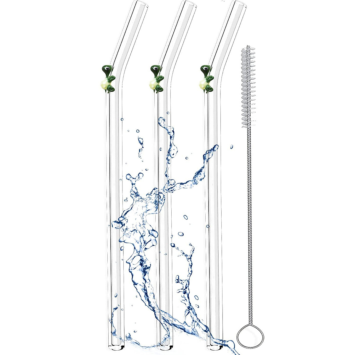 3pcs Reusable Glass Straws Green Turtle on Clear Bent Straw 8 in x 9 mm With Cleaning Brush, Perfect for Smoothies, Cocktails