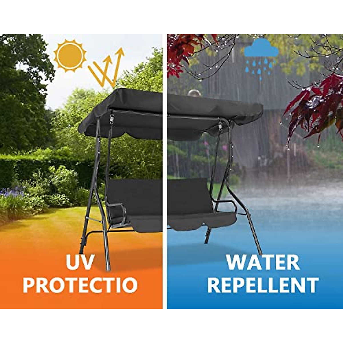 Patio Swing with Canopy Backyard Swing Outdoor Swing Chair with Adjustable Tilt Canopy Removable Cushions Stable Frame Comfortable Armrests for Patio Outdoor Backyard Garden Black