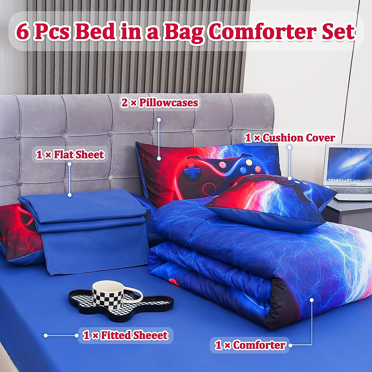 ASKOTU Gaming Bedding Sets for Boys Girls Kids, Red Blue Lightnings Game Console 6 Pcs Bed in A Bag Full Size Comforter Sets with Sheets