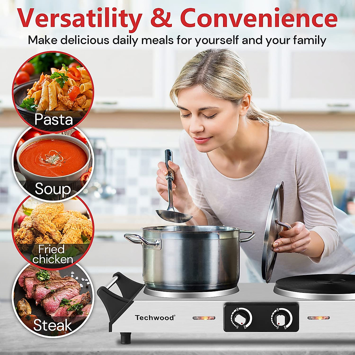 Hot Plate, Techwood Double Burner for Cooking, 1800W Countertop Electric Stoves with Adjustable Temperature & Stay Cool Handles, Dual Cooktop for RV/Home/Camp, Upgraded Version Stainless Steel, Silver
