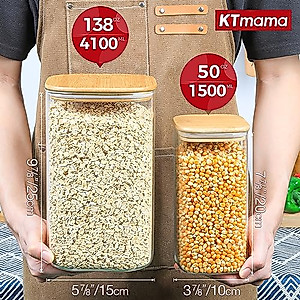 KTMAMA 1 Gallon Glass Jar with Bamboo Lid, Glass Food Storage Containers, 138 oz Cereal containers, Large Square Glass Jars with Bamboo Lids for Rice, Pasta, Oats, Grains, Cookies, Coffee Beans