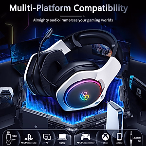 Tatybo Wireless Gaming Headset for PS4, PS5, PC - 2.4GHz Gaming Headphones with Detachable Noise Canceling Microphone, 30-Hr Battery Gaming Headsets for Laptop, Switch, Mac (White)