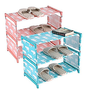 Fdit 3 Tier Stackable Shoe Shelves Portable Shoe Tower Closet Rack Storage Cabinet Boot Organizer Shoe Stand for Slippers Sneakers High Heels(Pink)