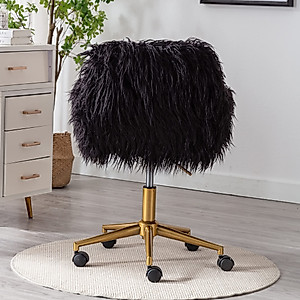 KCC Fluffy Office Desk Chair, Faux Fur Modern Swivel Armchair with Wheels, Soft Comfy Fuzzy Elegant Accent Makeup Vanity Chairs for Women Girls, Home Living Dressing Room Bedroom, Black