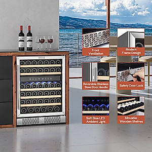 Empava Refrigerator 24 inch Double Zone Fridge for 46 Bottles Built in or Freestanding Compressor Chiller Stainless Steel Glass Door for Home, Office Bar Wine Cooler with Wood Shelves, Silver