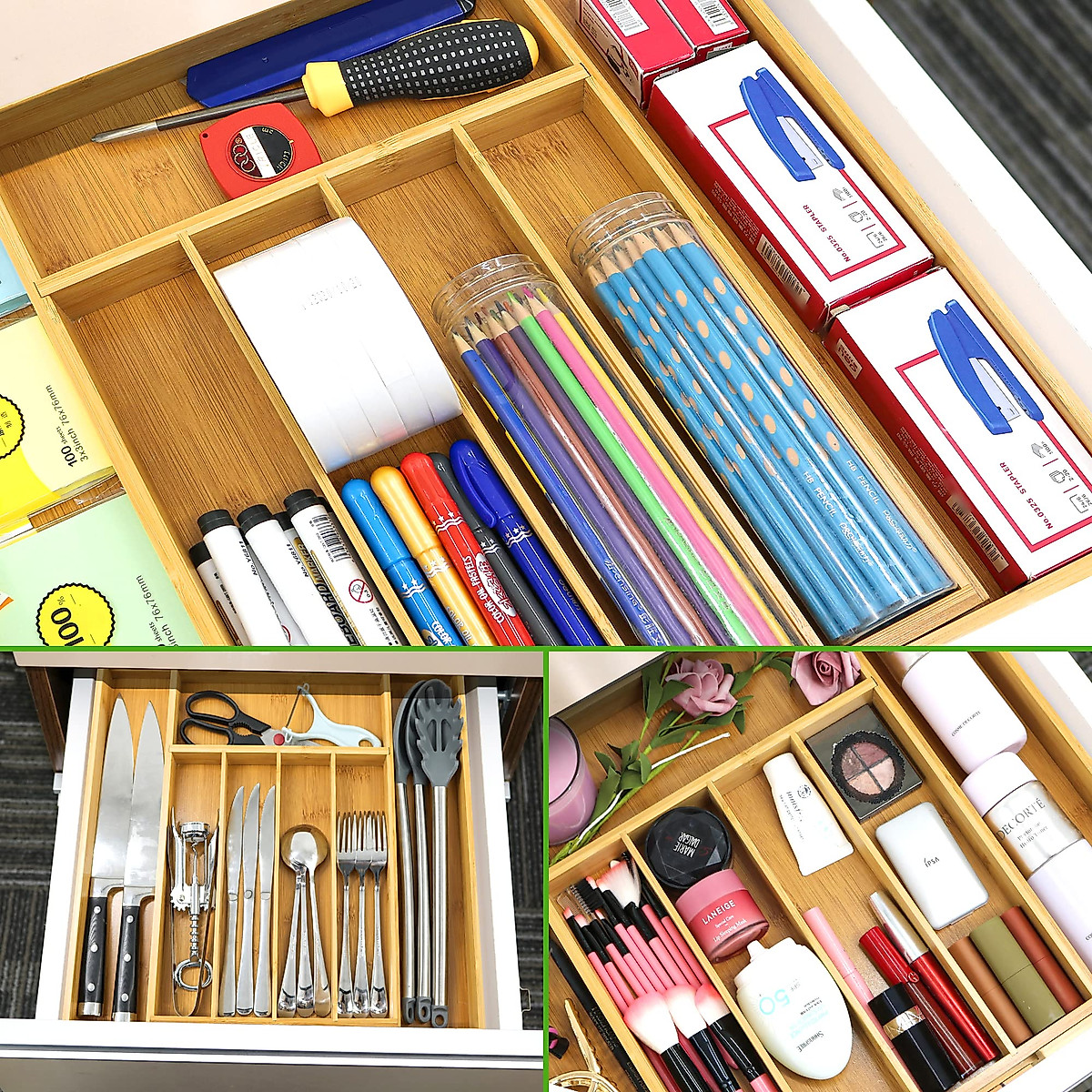 Diosbles Kitchen Bamboo Drawer Utensil Organizer Expandable Silverware Drawer Organizer and Cutlery Tray