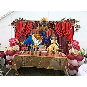 Beauty and The Beast Backdrop Palace Golden Chandelier Red Curtain Photography Background Princess Girl Baby Shower Birthday Party Studio Photo Decoration Props 5x3FT