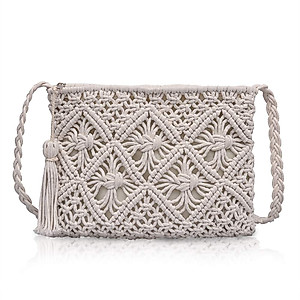 QTKJ Women's Summer Beach Straw Crochet Clutch Bag Shoulder Bag Crossbody Bag Woven Envelope Tassel Bag with Zipper (White)