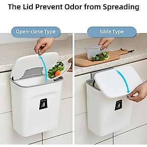 WAJJ 2.4 Gal Hanging Trash Can for Kitchen Cabinet Door with Sliding Cover, Wall Mounted Small Trash Bin Waste Bin with Lid for Kitchen Cabinet Door, Bathroom, Toilet, Bedroom, Living Room(White)