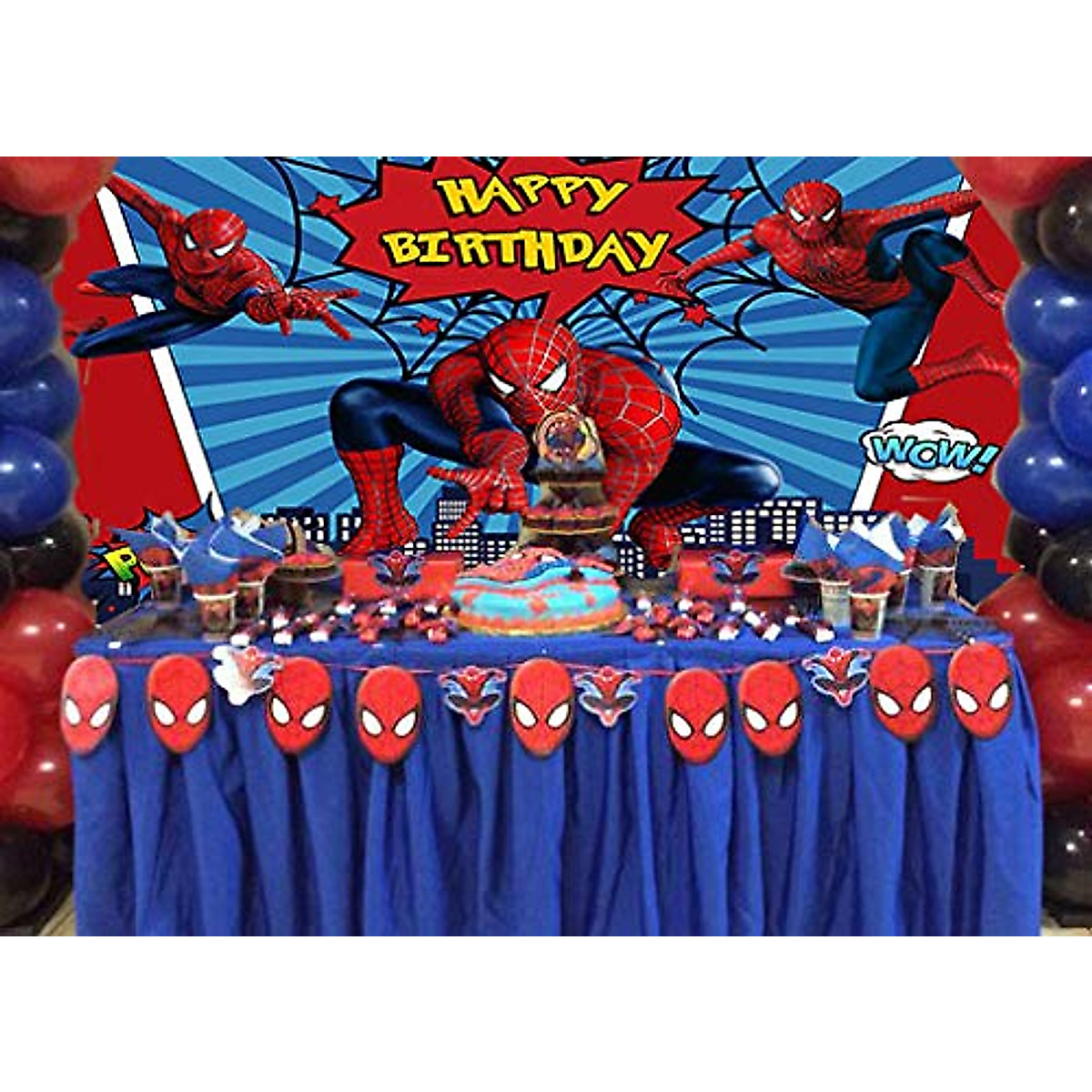 Red Spider Photography Backdrop Baby Boys Happy Birthday Party Decorations Vinyl Children Photo Booth Studio Props Background Superhero Cityscape 5x3ft Banner Dessert Table Baby Shower Supplies