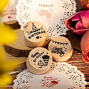 JZTang 6 Pcs Wooden Stamps Set Round Wooden Rubber Stamps for Card Making Happy Birthday Pattern Rubber Stamp for DIY Craft Card and Scrapbooking (Happy Birthday Stamps)