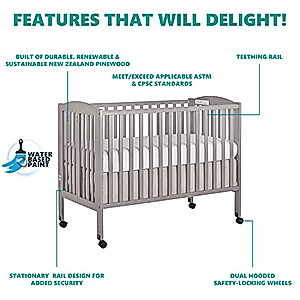 Dream On Me Full Size 2-in-1 Folding Stationary Side Crib in Steel Grey, Locking Wheels, Folds Flat for Storage, Comes with Teething Guard, Non-Toxic Finish