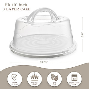 MosJos Round Cake Carrier, BPA-Free Plastic Cake Keeper with Lid, Fits 10” Cakes, Two Secure Side Closures, Dishwasher Safe Cake Transport Container (White -)