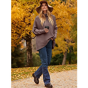 Caracilia Women Turtleneck Batwing Sweaters Oversized Tunic Sweater 2023 Fall Turtleneck High Low Sweater Pullover Knit Jumper Winter Clothes C8A7-doukou-L Brown