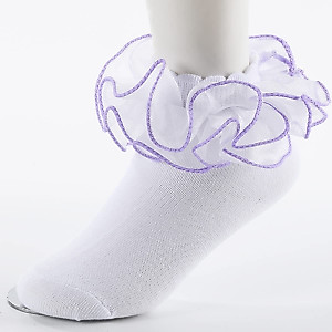 Yepami Big Girls Lace Socks Shimmering Cute Ruffle Comfortable Frilly Dress Ankle Socks 3 Pairs (Purple, Medium, 5_years)