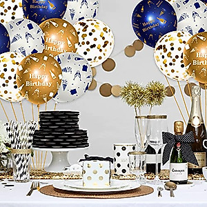 WATINC 36Pcs Navy Blue and Gold Happy Birthday Balloons, Sequin Confetti Latex Balloon Party Decor Photo Booth Prop Background Decoration for Kids Boy Girls Classroom Home Wall Baby Shower (12 Inch)