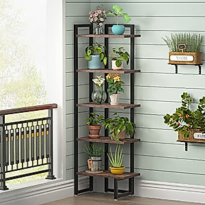 Tribesigns Corner Shelf Stand, Industrial 5 Tier Wood Corner Bookshelf with Rectangle Board, Corner Storage Rack Shelves Display Plant Flower, Stand Ladder Bookcase for Home Office Kitchen Bedroom