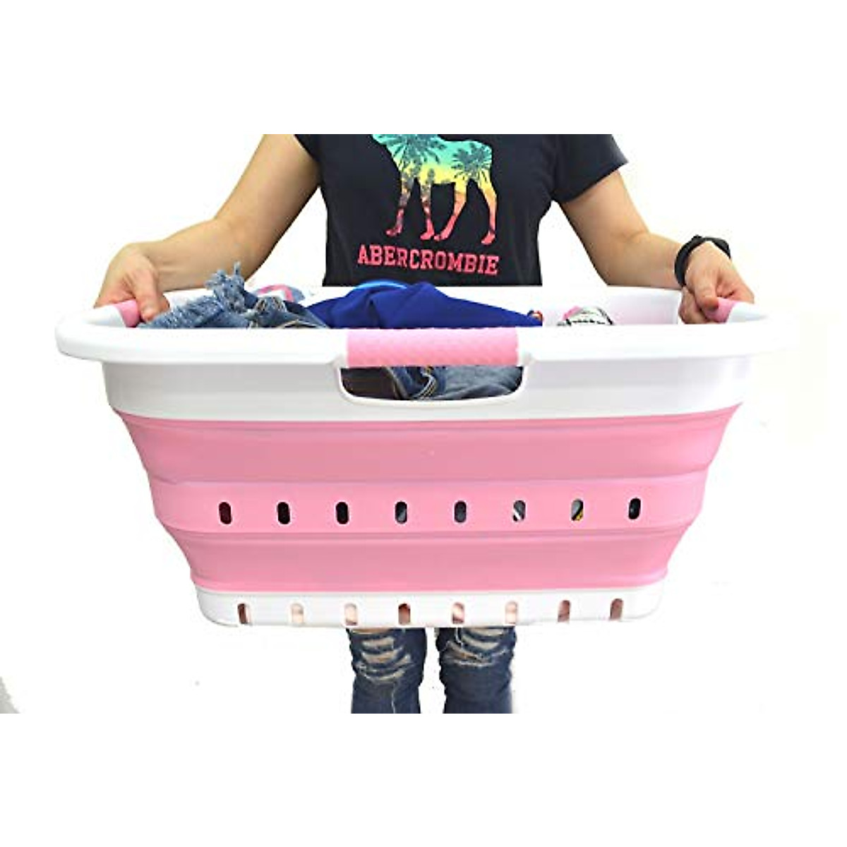 SAMMART 41L Collapsible 3 Handled Plastic Laundry Basket - Foldable Pop Up Storage Container/Organizer - Portable Washing Tub - Space Saving Hamper/Basket (3 handled rectangular, White/Pink)